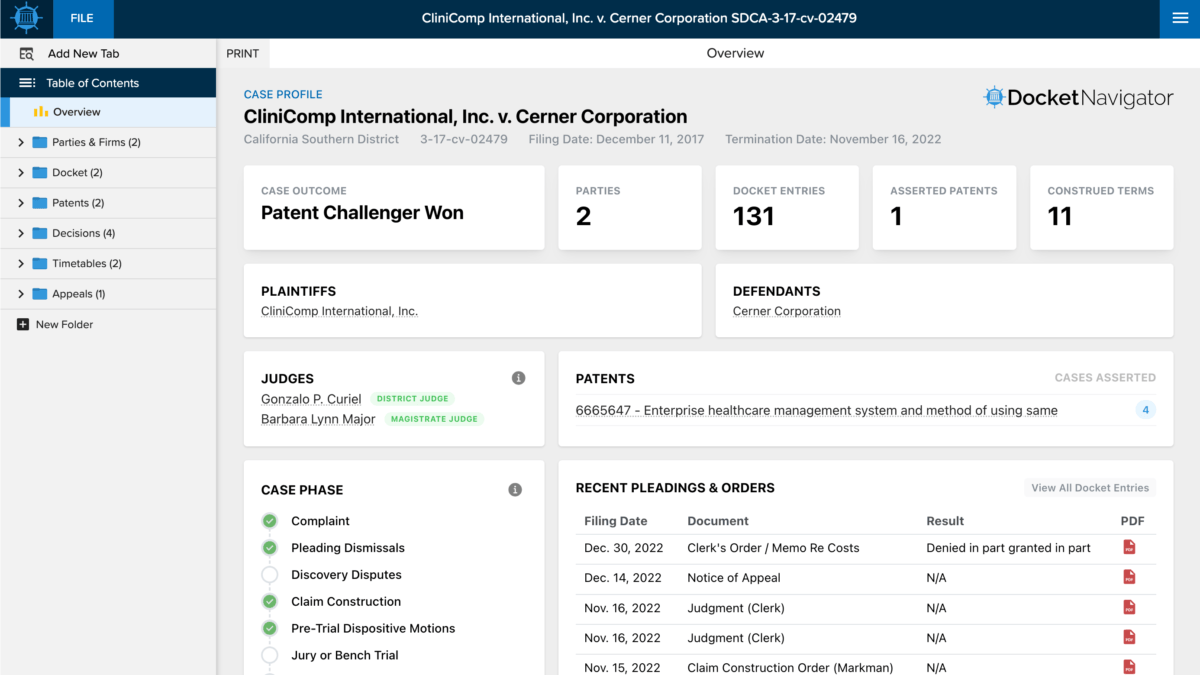 Case Profile – Docket Navigator